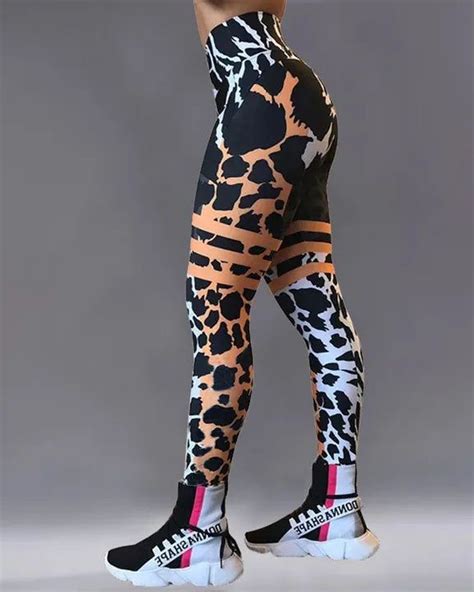 Allover Print High Waist Sports Leggings - Orange Multi / L | Fitness leggings women, Printed ...