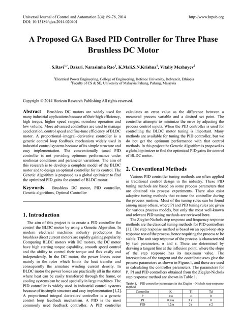 Pdf Ga Based Pid Controller For Three Phase Brushless Dc Motor