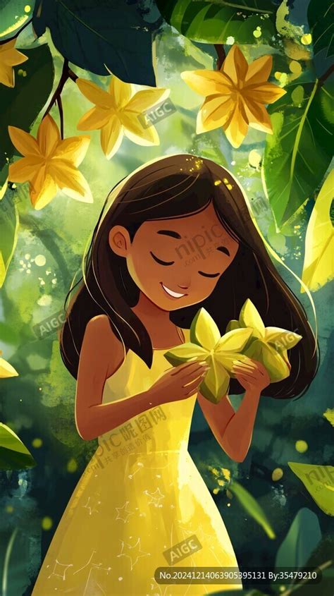 Ai创作图手拿桂花女孩插画 女孩手拿桂花插画 杨桃包装插画 手绘杨桃包装插画 插画绿叶女孩 菠萝蜜插画 小米蕉插画 猕猴桃女孩包装插画 原创芒果插画 杨桃插画包装设计 女孩捧花微笑插画 小女孩