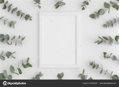 Top View White Frame Mockup Surrounded Branches Eucalyptus White