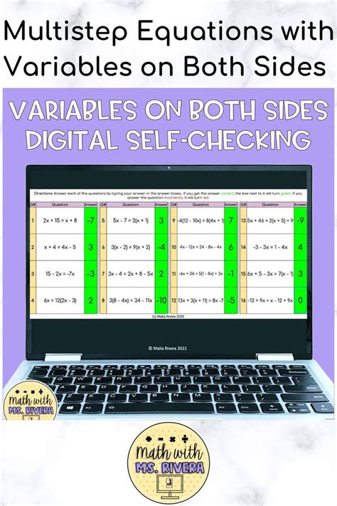 Solving Multi Step Equations With Variables On Both Sides Digital Activity Solving Multi Step