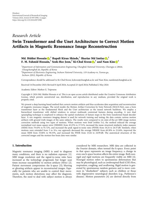 Pdf Swin Transformer And The Unet Architecture To Correct Motion