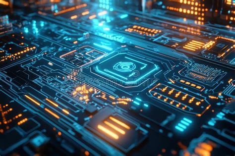 Futuristic Circuit Board With Glowing Blue And Orange Elements Stock Illustration Illustration
