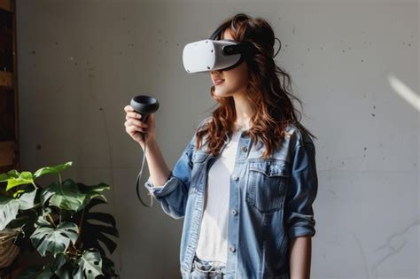 Premium Photo Woman Enjoying A Vr Experience At Home Sipping Coffee