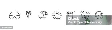 여름 아이콘 세트입니다 야자수 선글라스 태양 공 칵테일 슬리퍼 및 라운지 벡터 Eps 10 감귤류 과일에 대한 스톡 벡터 아트