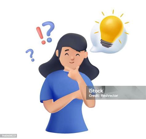 3d 캐릭터 문제 해결 개념 물음표 전구 아이콘으로 생각하는 여자 창의적인 아이디어 3d 렌더링 벡터 3차원 형태에 대한 스톡