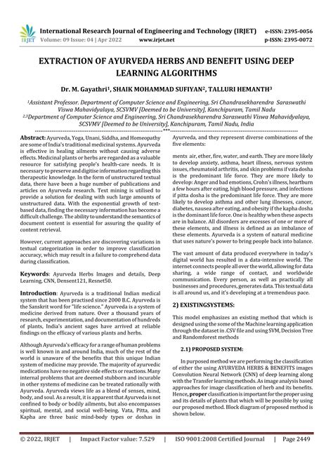 Extraction Of Ayurveda Herbs And Benefit Using Deep Learning Algorithms Pdf
