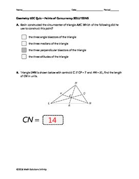 Geometry EOC Quiz Points Of Concurrency BUNDLE By Math Solutions Infinity
