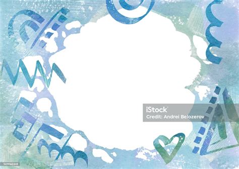 짙은 녹색 청록색 및 파란색 수채화 배경에 추상적 인 흰색 얼룩 손으로 그린 방울 종이에 튀기십시오 삼각형과 원 기하학적 모양과 기호 하트 기하 도형에 대한 스톡 벡터 아트