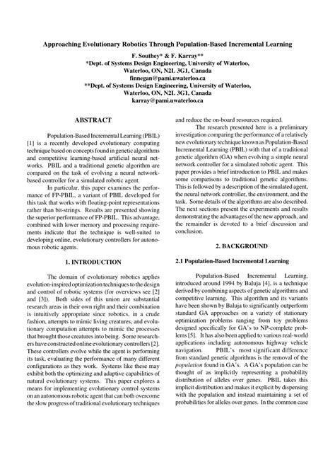 Pdf Approaching Evolutionary Robotics Through Population Based