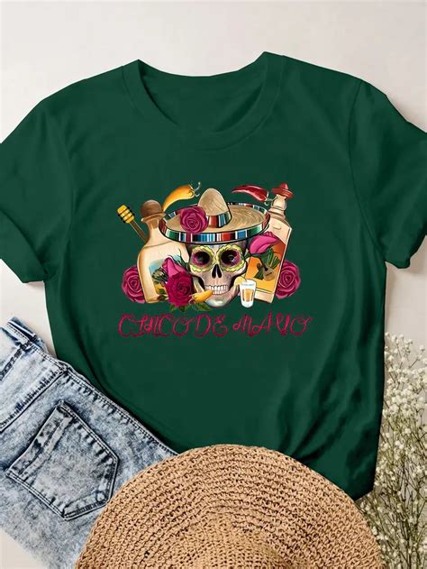 1pc 여성 패션 캐주얼 크루넥 티셔츠 스컬 그래픽 폴리에스터 95 스판덱스 5 니트 원단 여름 반팔 티 Temu Republic Of Korea