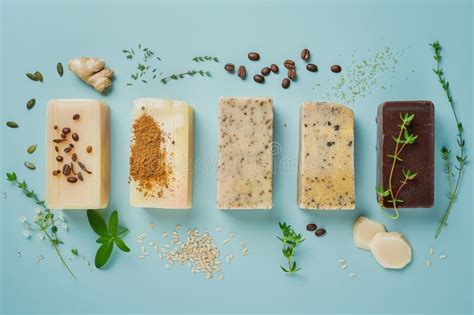 Five Unique Soap Types Displayed With Herbs And Spices Showcasing Their Natural Elements Stock