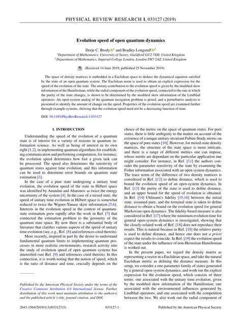 Pdf Evolution Speed Of Open Quantum Dynamics