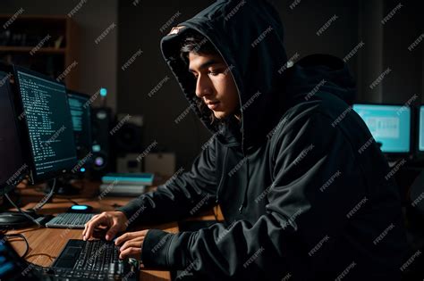 Premium Photo Hacker Programmer Who Sits In A Hoodie Behind A
