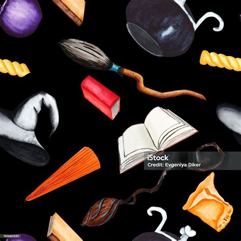빗자루 모자 촛불 책 가마솥 매끄러운 패턴의 수채화 그림입니다 할로윈을 위해 어두운 배경에 있는 항목 집합입니다 당신의 디자인을 위해 가마솥에 대한 스톡 벡터 아트 및 기타