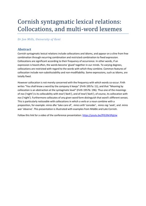 Pdf Cornish Syntagmatic Lexical Relations Collocations And Multi Word Lexemes