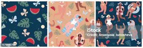 여름 해변 또는 수영장 파티 수영복을 입은 다양한 사람들이 즐겁습니다 모든 디자인을 위한 이음매 없는 패턴 세트 귀여운 플랫