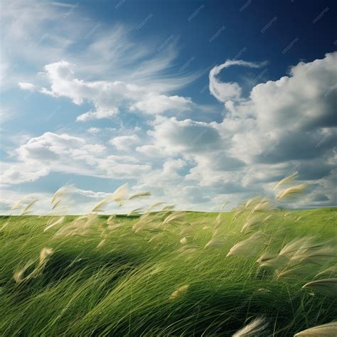 Premium Photo Windy Grass Field Under Blue Sky And White Clouds