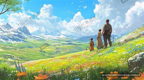 Ai创作图电影原画插画 梦幻儿童插画超治愈 唯美治愈画面 宫崎骏动画 青少年儿插 父亲节郊游 新海诚动漫风 动画场景海报 新海诚动漫风格 一家人背影 一家人看风景 治愈系儿童插画 新海诚风格