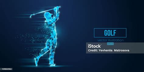 파란색 배경에 삼각형과 입자로 만든 골프 선수의 추상적인 와이어프레임 실루엣 골퍼가 공을 친다 벡터 그림 골프 선수에 대한 스톡 벡터 아트 및 기타 이미지 Istock