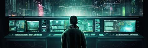 Man In Dark Jacket Standing In Front Of Computer Monitors Ai Generated Stock Illustration