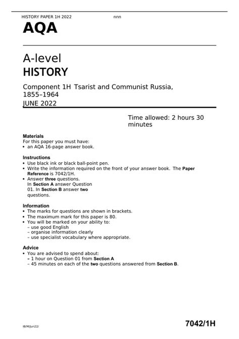 aqa a level history component 1h june 2022 tsarist and communist russia