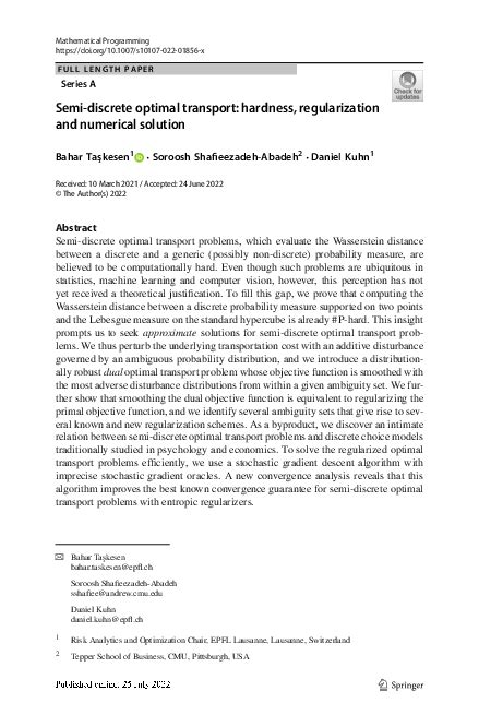Pdf Semi Discrete Optimal Transport Hardness Regularization And