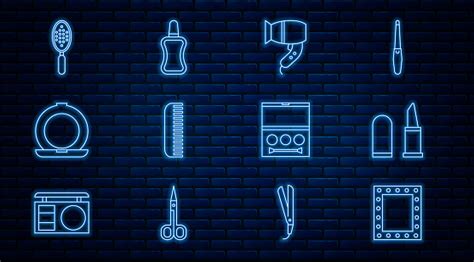 조명 립스틱 헤어 드라이어 헤어 브러시 파우더 아이 섀도우 팔레트 및 매니큐어 병 아이콘이있는 메이크업 거울을 설정합니다 벡터 거울에 대한 스톡 벡터 아트 및 기타 이미지