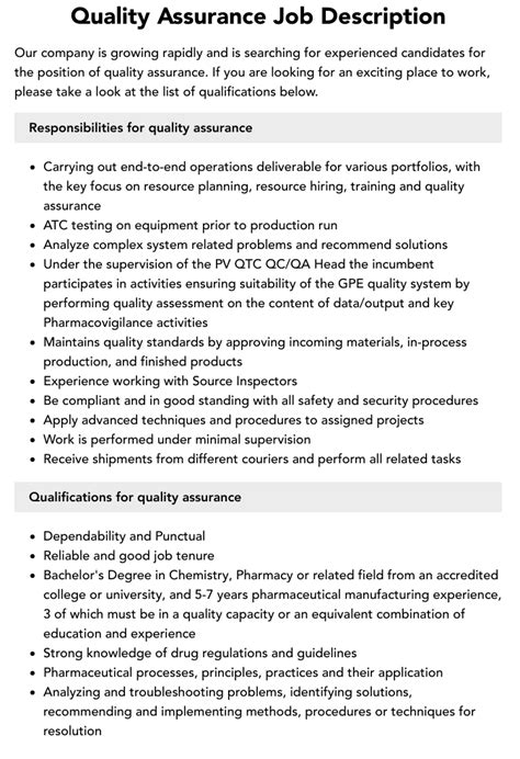 Quality Assurance Job Description Velvet Jobs