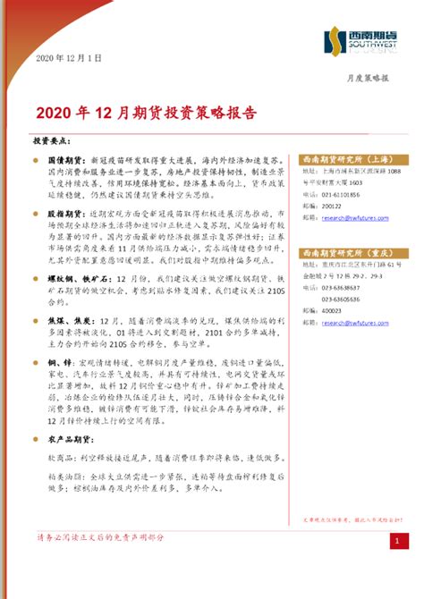 2020年12月期货投资策略报告