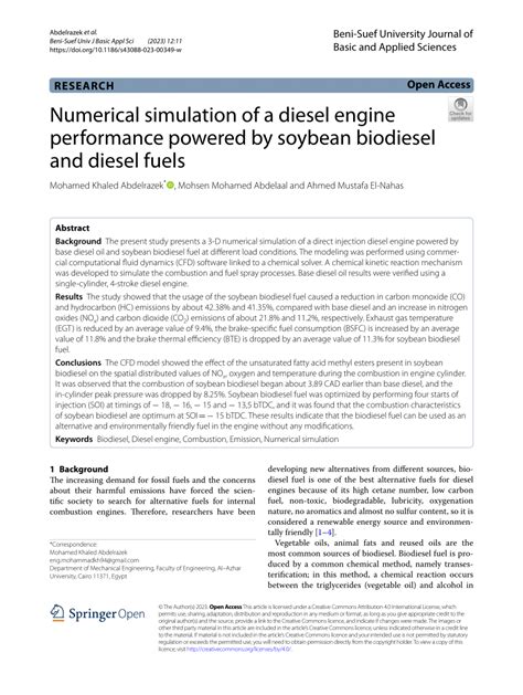 Pdf Numerical Simulation Of A Diesel Engine Performance Powered By Soybean Biodiesel And
