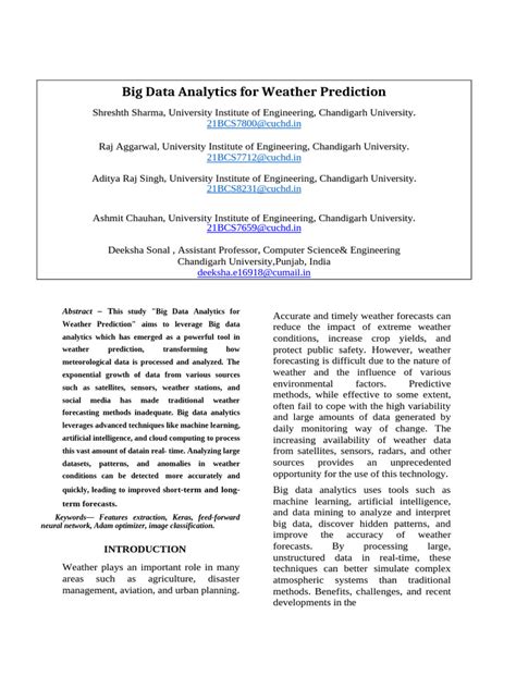 Big Data Analytics For Weather Prediction Research Paper Pdf Forecasting Machine Learning