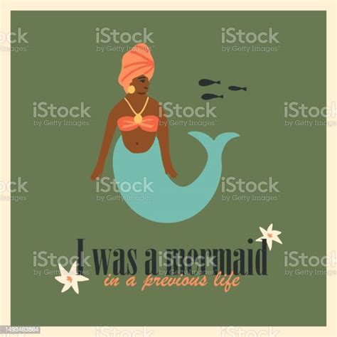 머리를 감싸고 목걸이를 한 귀여운 젊은 아프리카 인어 십대 사이렌 소녀 나는 전생 텍스트에서 인어였습니다 해저 신화 생물 벡터 레트로 스타일 티셔츠 프린트 카드 포스터 아트