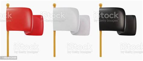 만화 현실적인 최소 스타일로 스틱에 3d 플래그를 설정합니다 빨강 검정 및 흰색 색상입니다 심플한 디자인 밝은 광택 요소 벡터 그림입니다 0명에 대한 스톡 벡터 아트 및