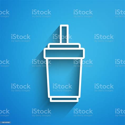 흰색 줄 종이 유리 는 파란색 배경에 고립 된 마시는 빨대와 물 아이콘 소다 음료 유리 신선한 차가운 음료 기호 긴 그림자 벡터 가득 찬에 대한 스톡 벡터 아트 및 기타