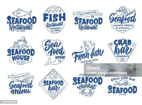 빈티지 해산물 엠블럼과 스탬프 세트 물고기 바 배지 흰색 배경에 스티커 고립 개체 그룹에 대한 스톡 벡터 아트 및 기타 이미지