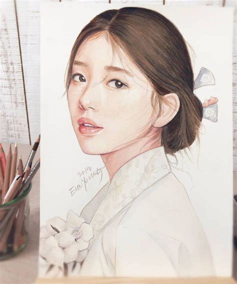 자꾸 새벽에 눈떠져서~ 수지 색연필화 인물화 그리기 완성 도리화가 포스터에요~ 색연필 색연필화 색연필인물화 대전