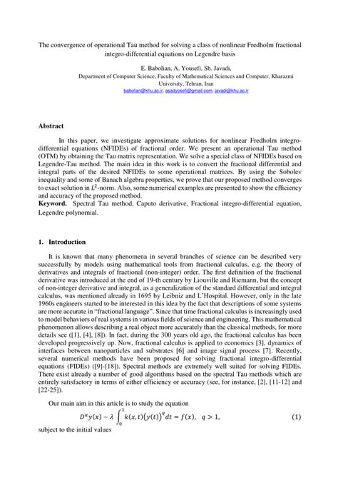 Pdf The Convergence Of Operational Tau Method For Solving A Class Of Nonlinear Fredholm