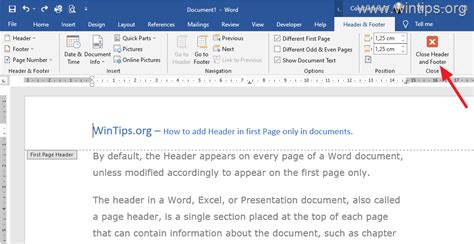 how to insert a header in the first page only in word excel etc