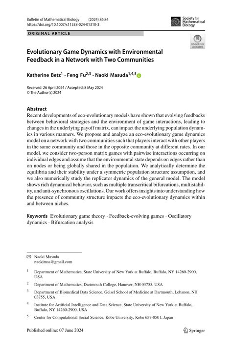Pdf Evolutionary Game Dynamics With Environmental Feedback In A Network With Two Communities