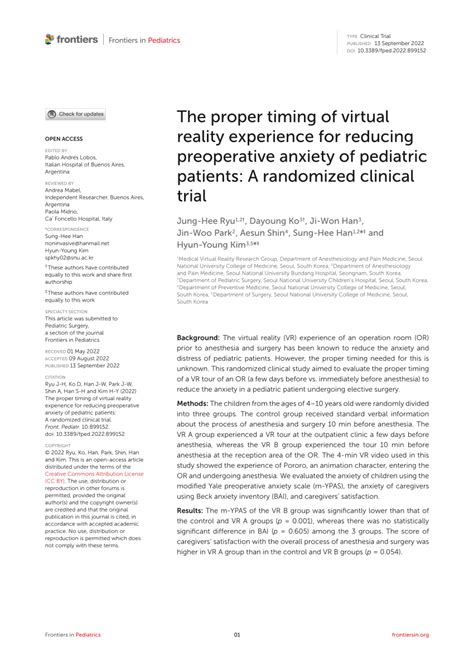 Pdf The Proper Timing Of Virtual Reality Experience For Reducing Preoperative Anxiety Of