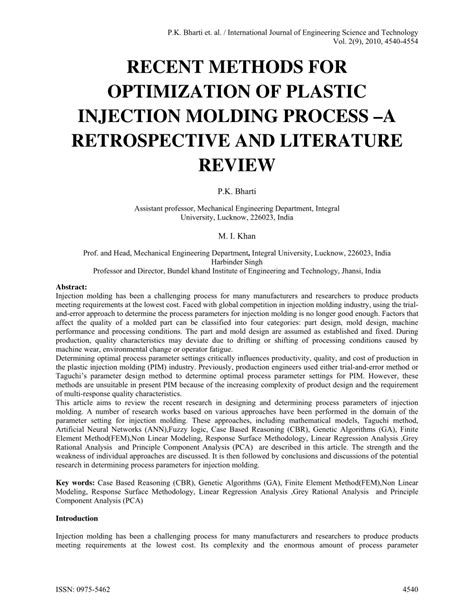 Pdf Recent Methods For Optimization Of Plastic Injection Molding Process—a Retrospective And