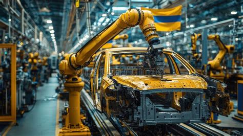 Automated Robotic Arm Assembling A Car In A High Tech Factory Stock