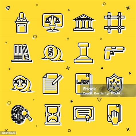 성서 경찰 배지 권총 또는 총 법원 건물 법률 사무실 폴더 판사 및 스탬프 아이콘에 라인 선서를 설정합니다 벡터 건축에 대한 스톡 벡터 아트 및 기타 이미지 Istock