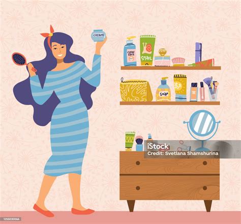 방에 거울과 함께 테이블에 서 자신을 돌보는 드레스에 여자의 그림 일상적인 개인 관리 위생 절차 선반에 많은 메이크업 항목 플랫