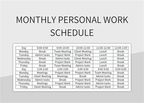 Monthly Personal Work Schedule Excel Template And Google Sheets File For Free Download - Slidesdocs