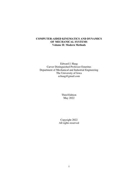 PDF Computer Aided Kinematics And Dynamics Of Mechanical Systems Vol II Modern Methods Rd Ed