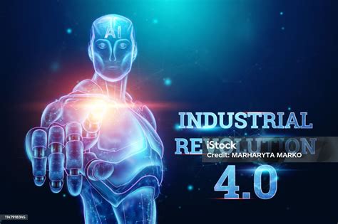 로봇의 블루 홀로그램 파란색 배경에 싸이 비문 산업 혁명 40 자동 조종 장치 로봇 인공 지능의 개념 3d 그림 3d 렌더링 3차원 형태에 대한 스톡 사진 및 기타 이미지