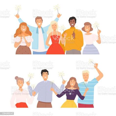 불타는 스파클러 세트와 행복한 사람들의 그룹 함께 만화 스타일 벡터 일러스트를 함께 휴일을 축하 즐거운 남자와 여자 독일에 대한 스톡 벡터 아트 및 기타 이미지 Istock