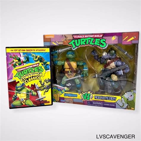 Nickelodeon Toys Tmnt Leonardo Vs Rocksteady Figures Tmnt Cowabunga Classics Dvd Combo Lot